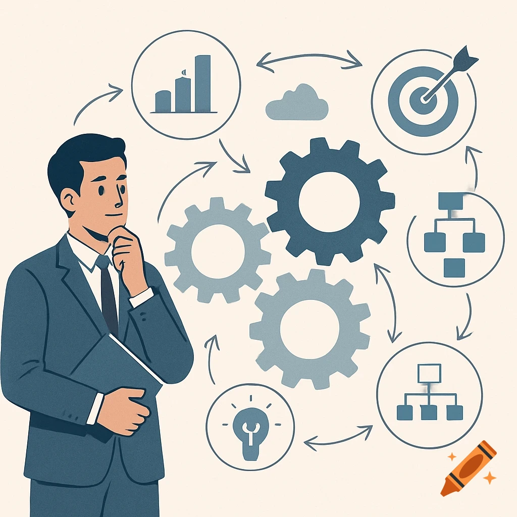 An illustration of a businessman thinking, surrounded by gears, charts ...