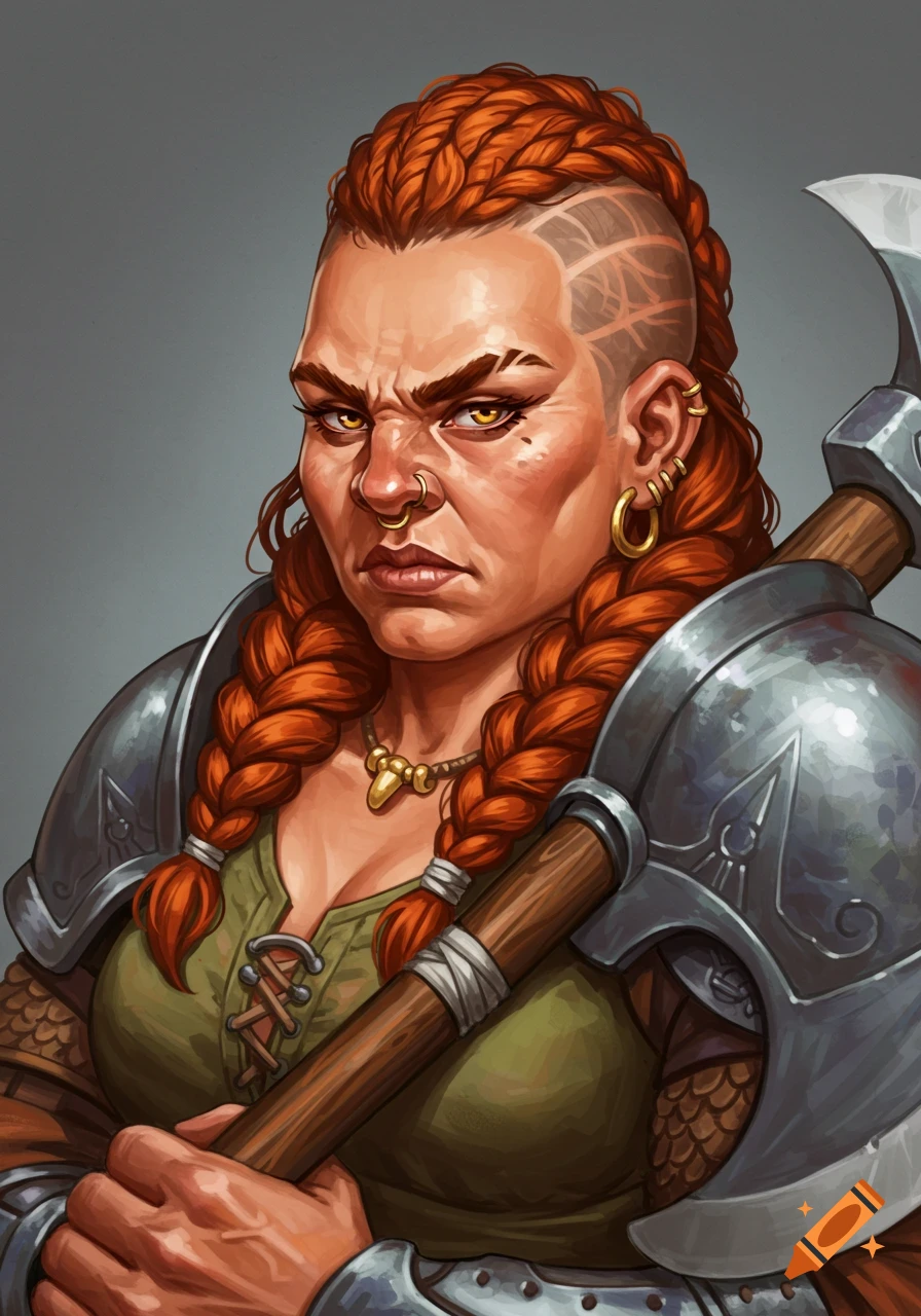 A stern-faced female dwarf fighter with braided red hair, a shaved side ...