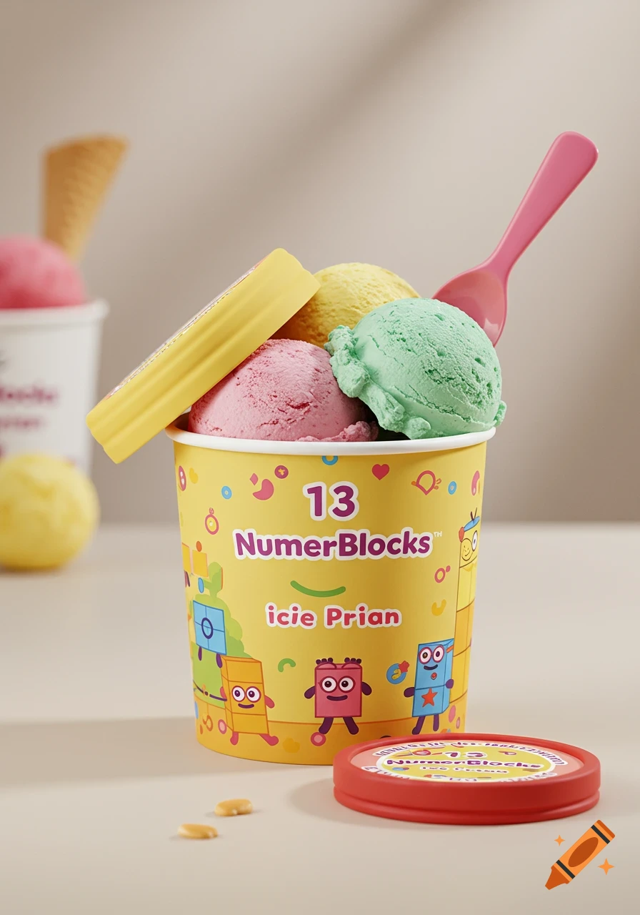 Three scoops of ice cream in a yellow cup decorated with cartoon ...