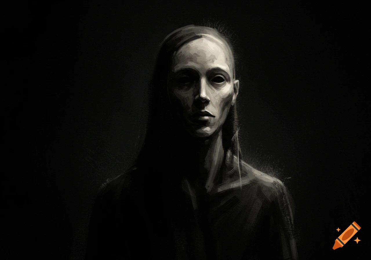 Monochromatic digital painting of a woman's face emerging from darkness ...