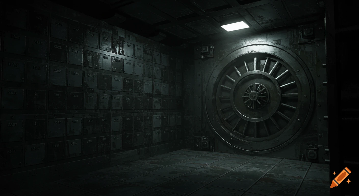 A dark, ominous bank vault interior with a large circular vault door ...