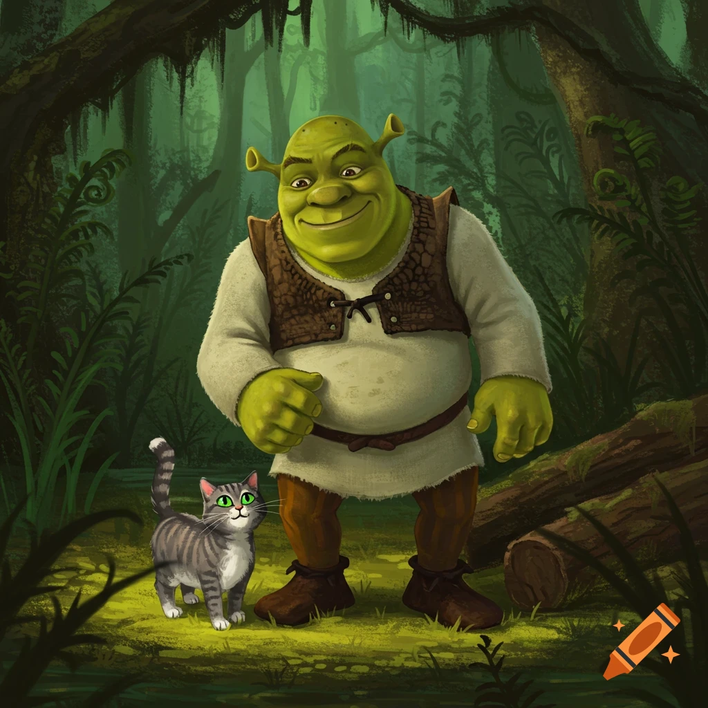 Shrek and a tabby cat stand in a vibrant green forest, depicted in a ...