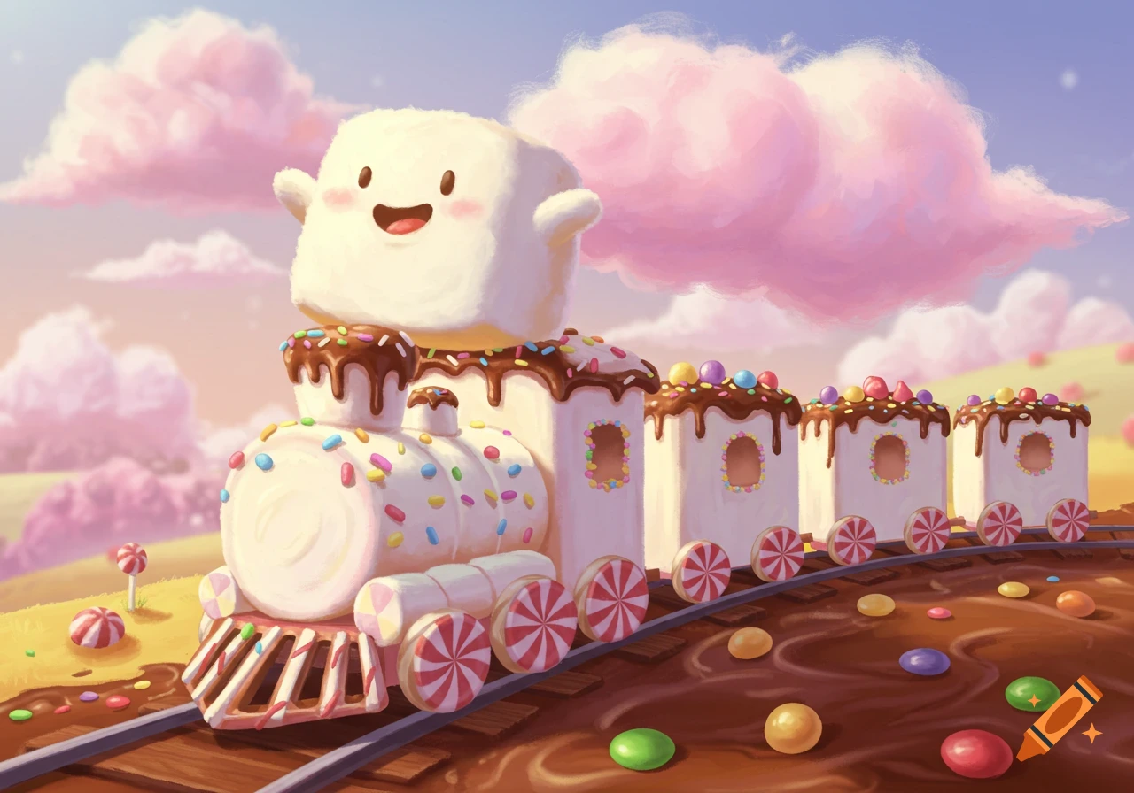A whimsical candy train with sprinkles and chocolate, led by a happy ...