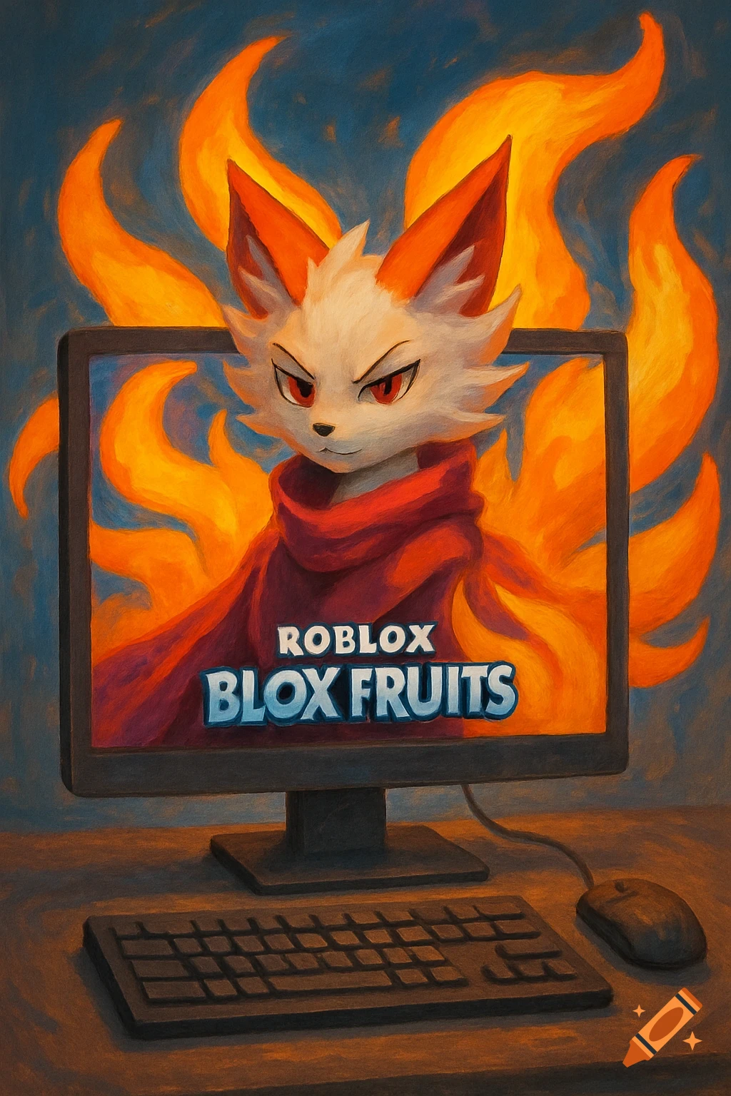 A digital painting of a fierce, white, fox-like creature with fiery ...