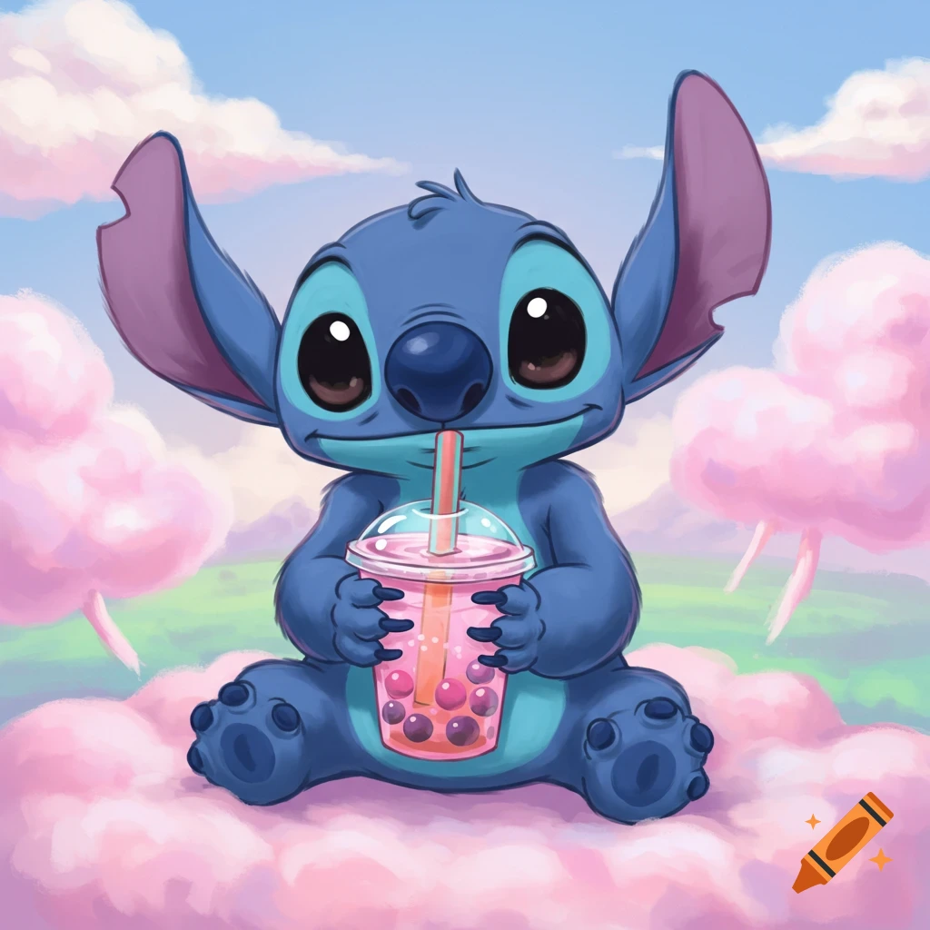 Cartoon illustration of Stitch sitting on pink cotton candy clouds ...
