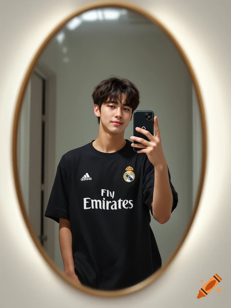 A young man taking a mirror selfie, wearing a black Real Madrid t-shirt ...