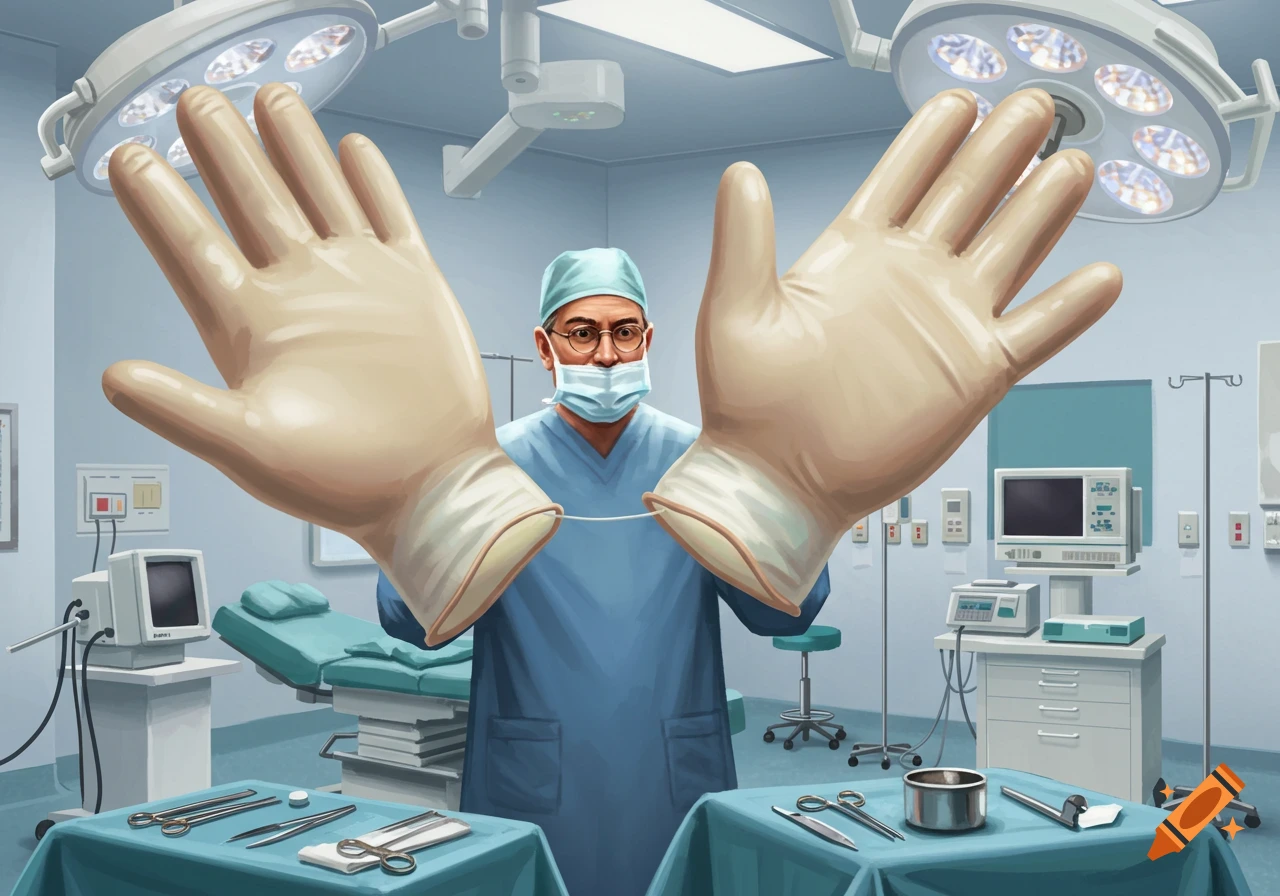 A cartoon surgeon in an operating room holds two giant inflated ...
