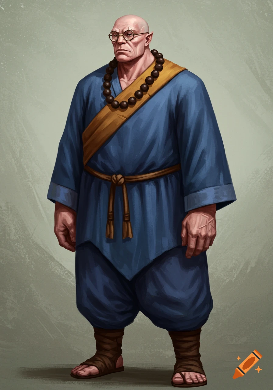 A bald, grey-skinned goliath monk wearing glasses, blue robes, and a ...