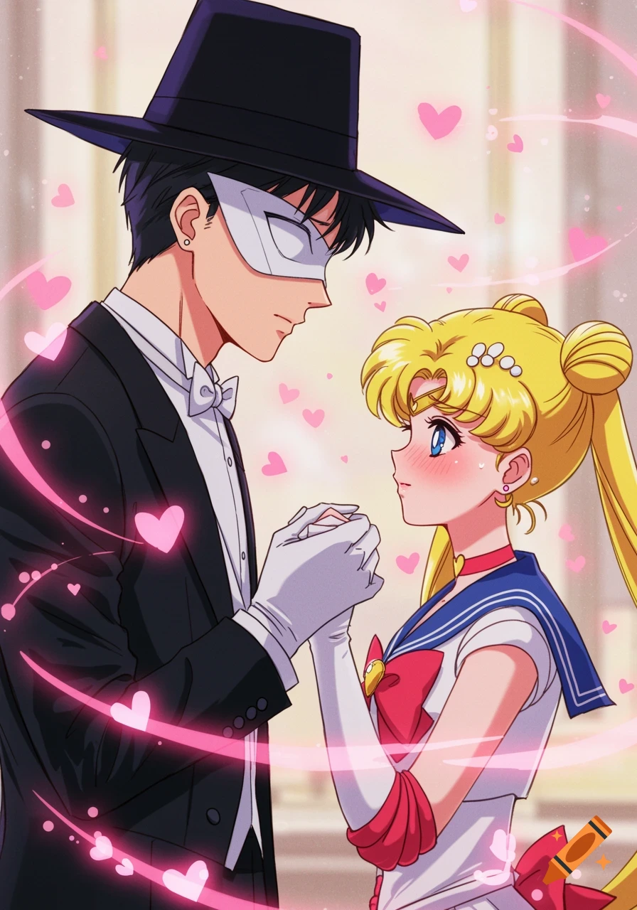 Anime style illustration of Tuxedo Mask holding hands with Sailor Moon ...