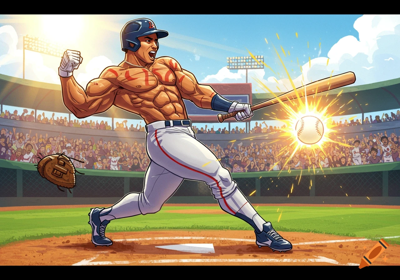 A highly muscular, shirtless baseball player in a helmet and uniform ...