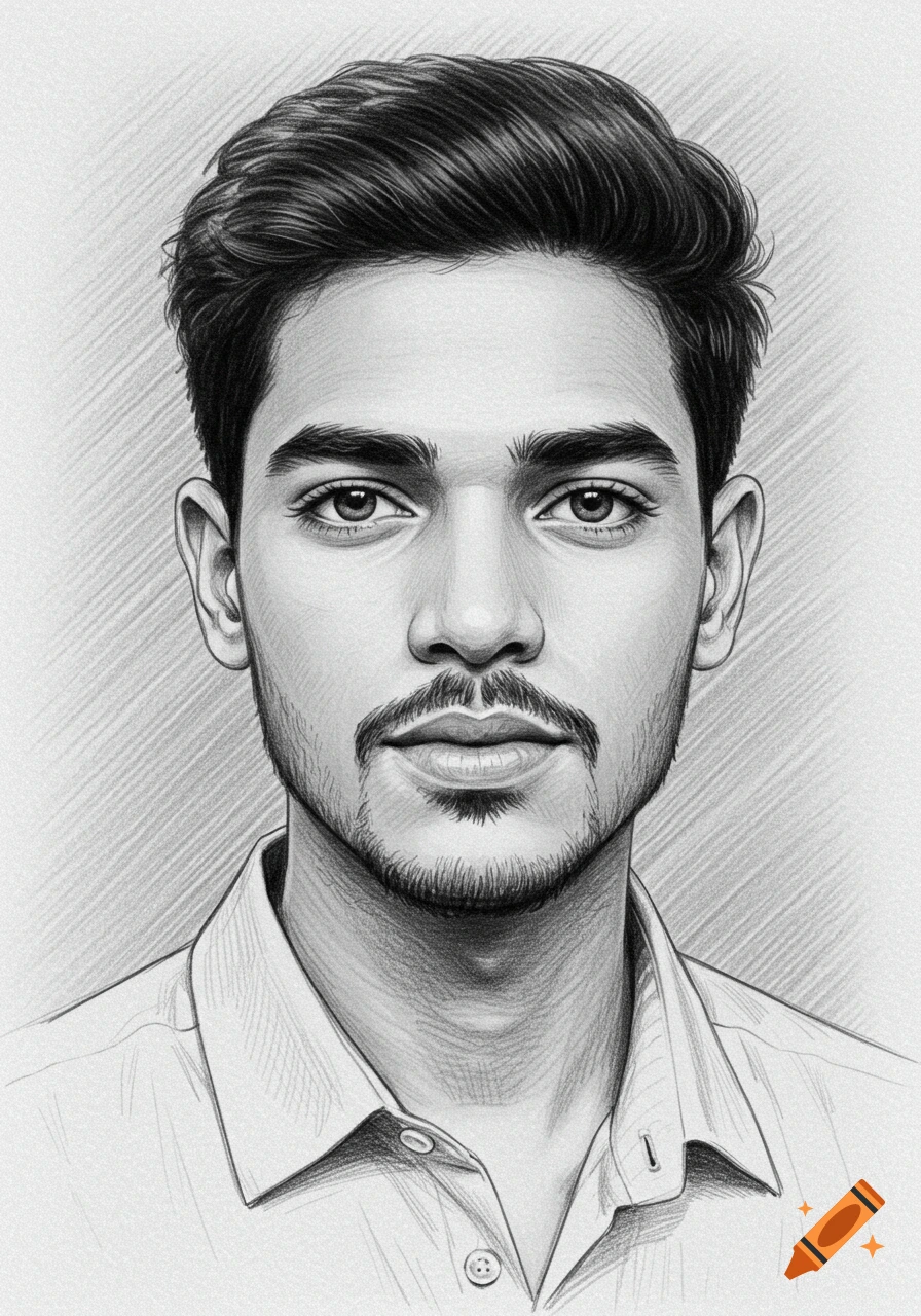 Pencil drawing of a young man looking directly forward with a subtle ...