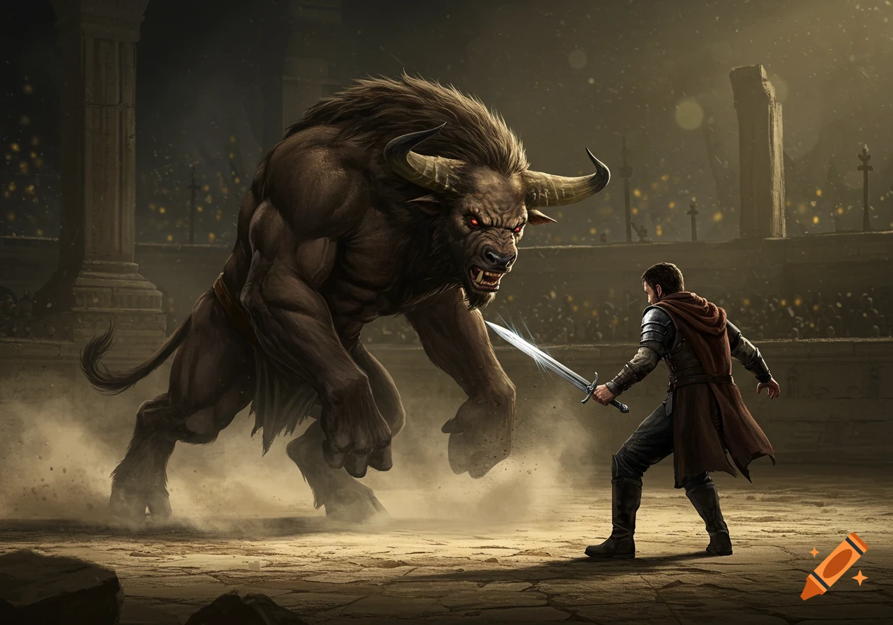 A man in armor fights a muscular minotaur with a sword in a dusty arena ...