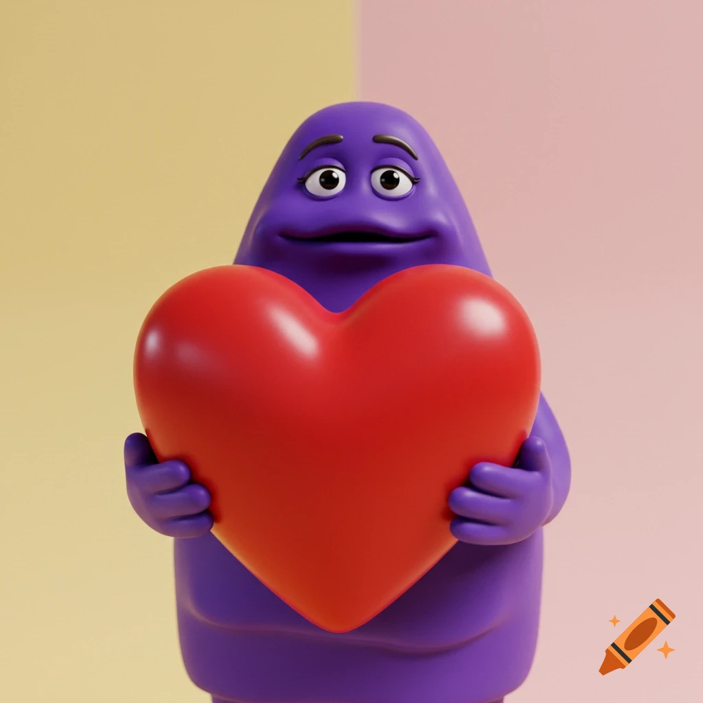 A purple Grimace-like character holds a large red heart on a split ...