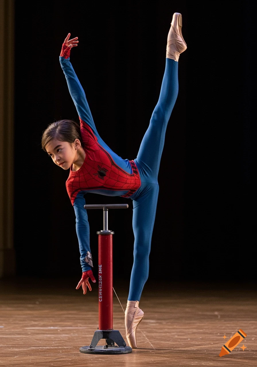 Young girl in a Spider-Man suit performing a ballet pose on a stage ...