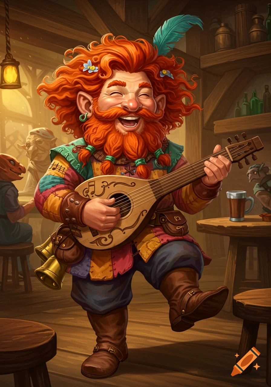 A happy, red-bearded gnome bard playing a lute and laughing in a cozy tavern, stylized ...