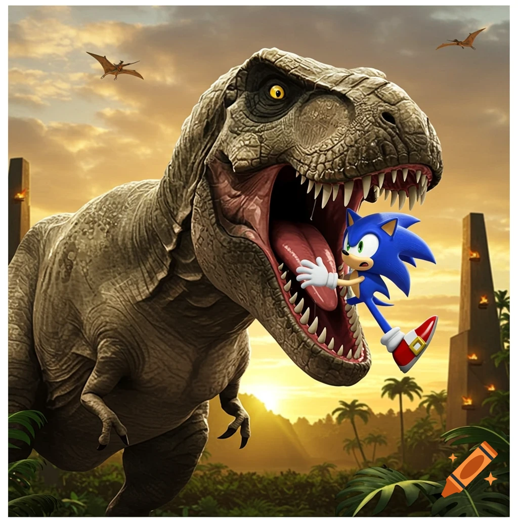 A giant T-Rex with an open mouth tries to eat Sonic the Hedgehog in a ...
