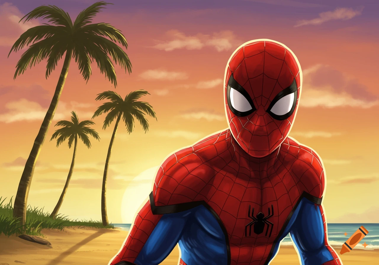 Spider-Man on a sandy beach with palm trees and a sunset sky, in a ...