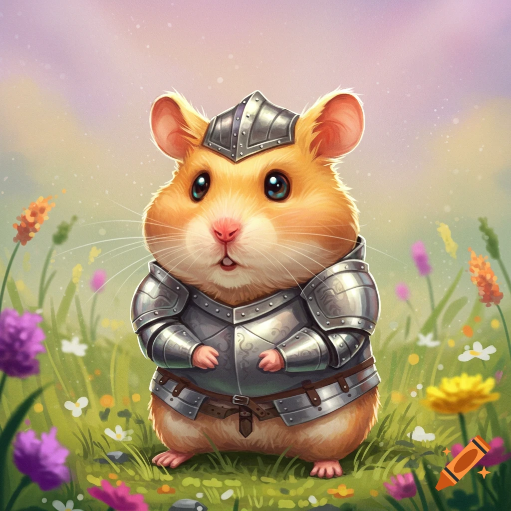 A cute hamster wearing silver armor stands in a field of colorful ...