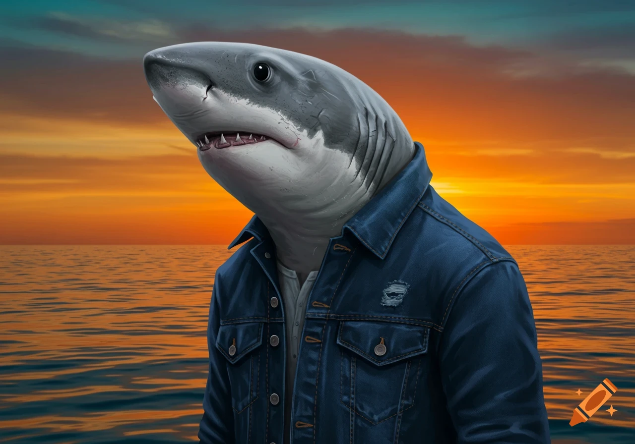 Digital art of an anthropomorphic shark in a denim jacket standing in ...