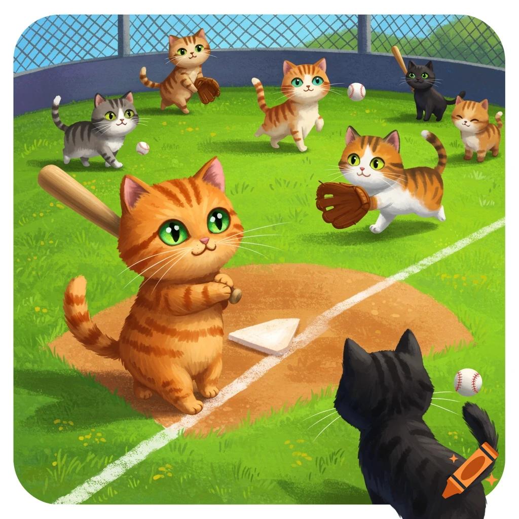Cartoon cats playing baseball on a green field with a fence in the ...