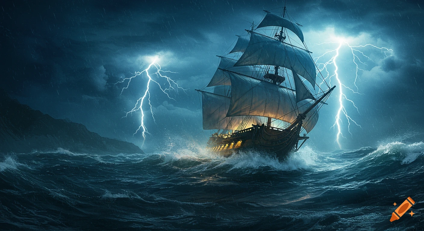 A grand sailing ship battles a fierce storm at night, illuminated by ...