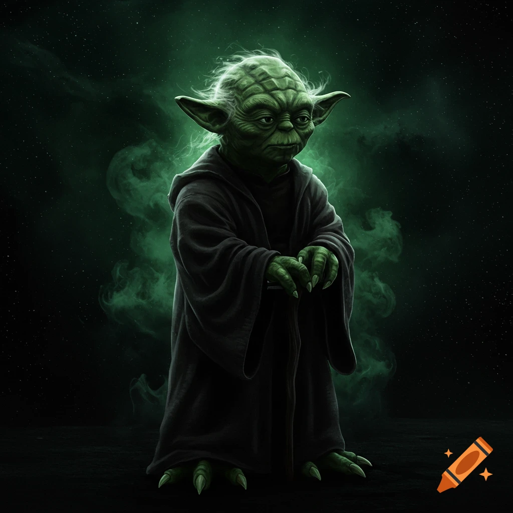 Yoda with dark green skin and a black robe, standing amidst green gas ...