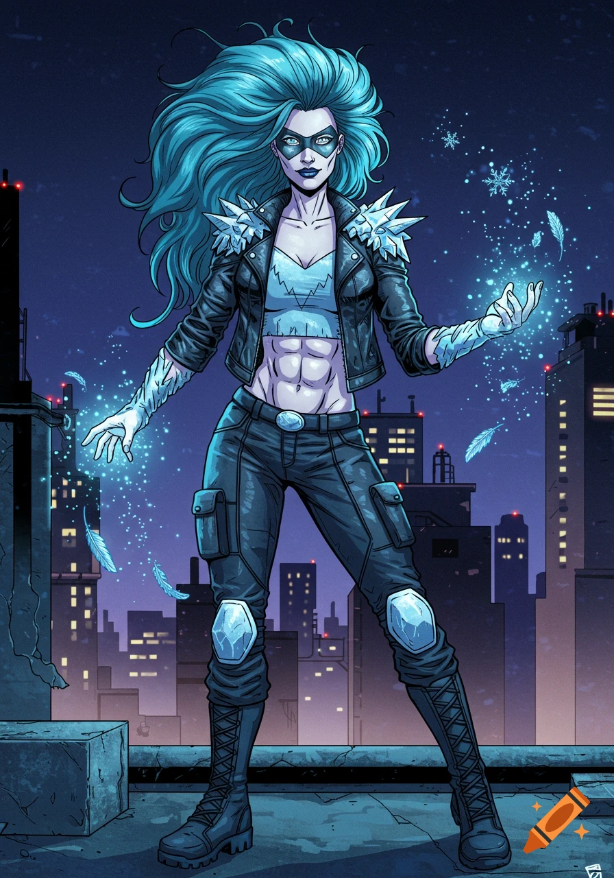 Comic book style illustration of a female superhero with blue hair and ...