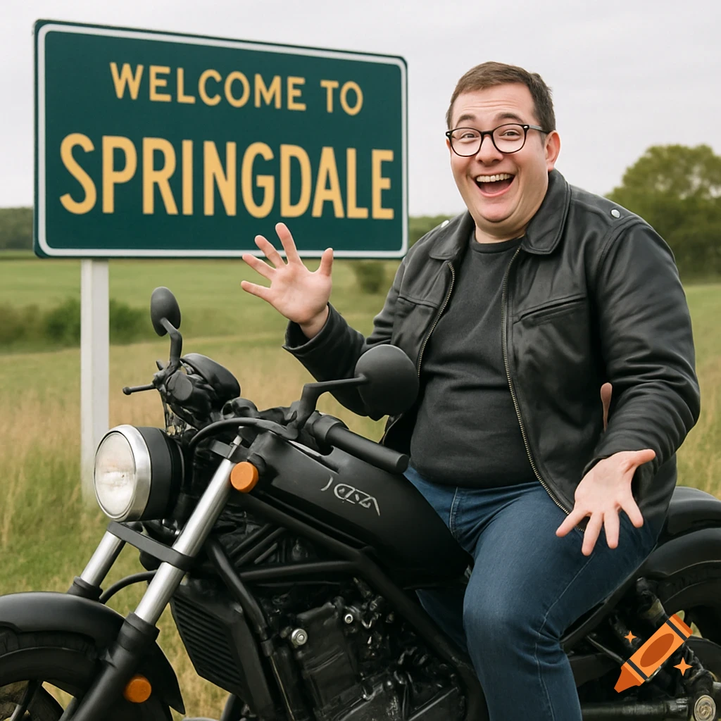 A laughing man in a leather jacket sits on a black motorcycle, waving in front of a 'WELCOME TO ...