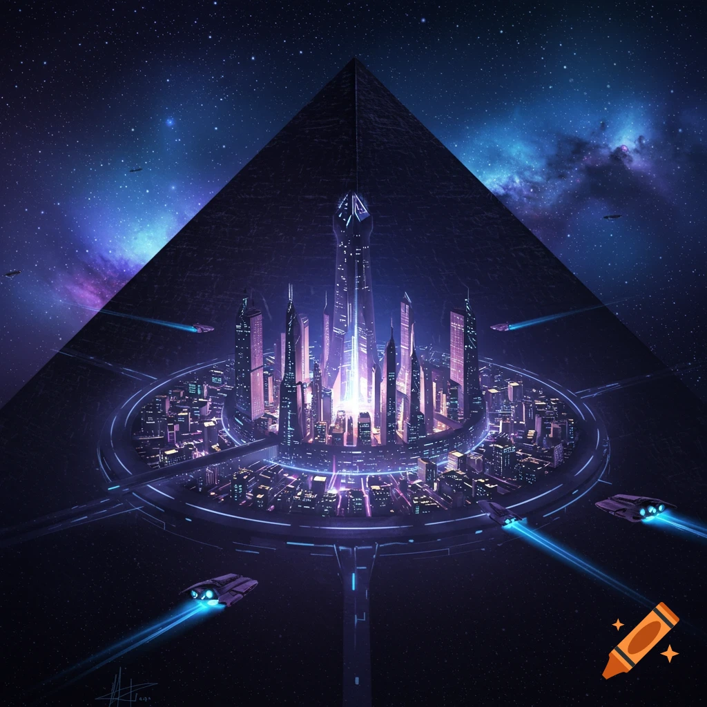 A futuristic city with glowing buildings encased within a giant dark ...