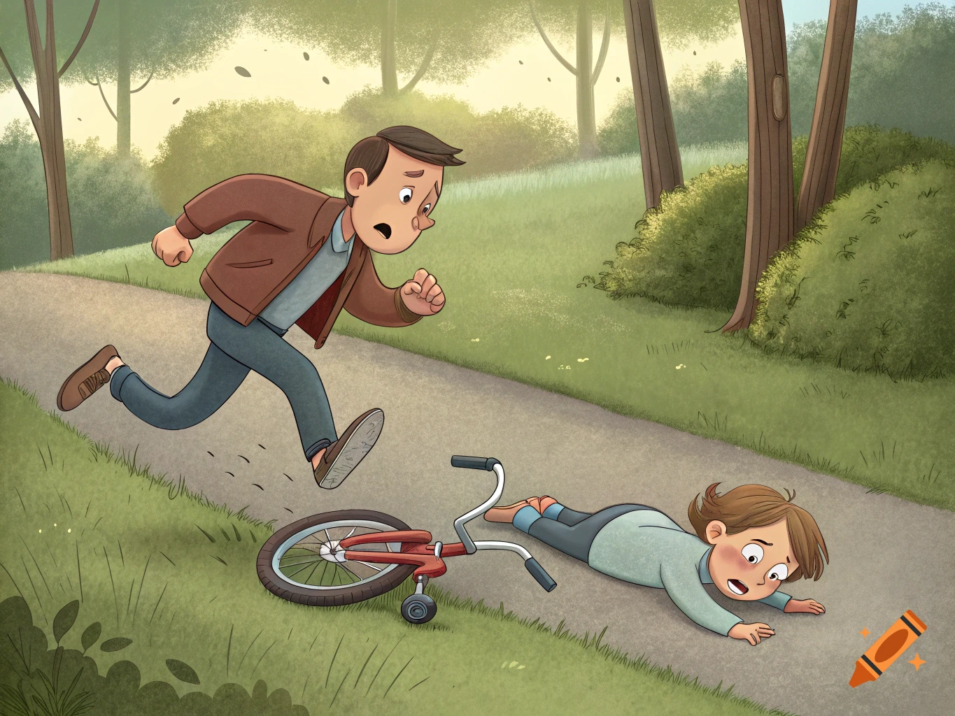 A cartoon illustration of a father running towards his child who has ...
