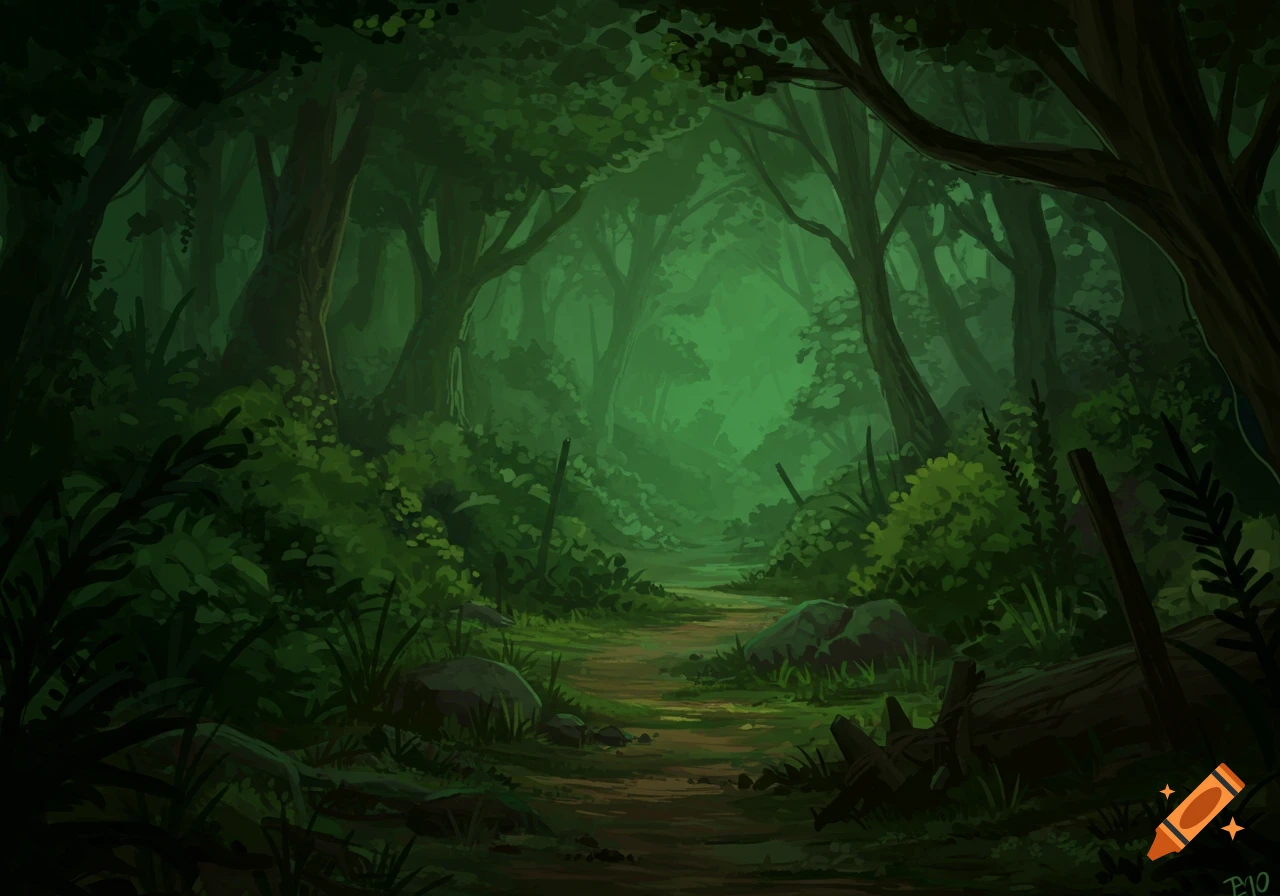 A narrow path winds through a dark, overgrown fantasy forest with tall ...