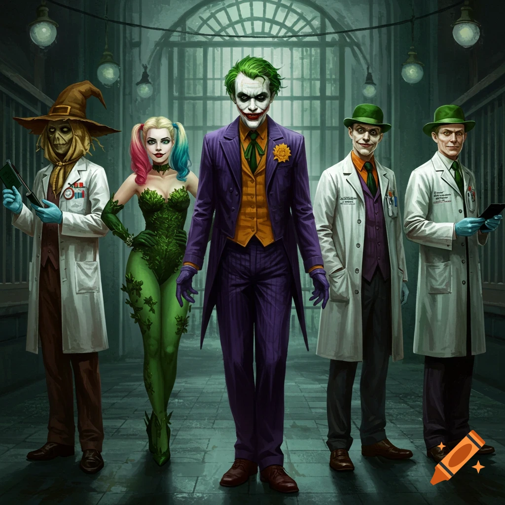 The Joker, Harley Quinn, Poison Ivy, The Riddler, and Scarecrow as ...