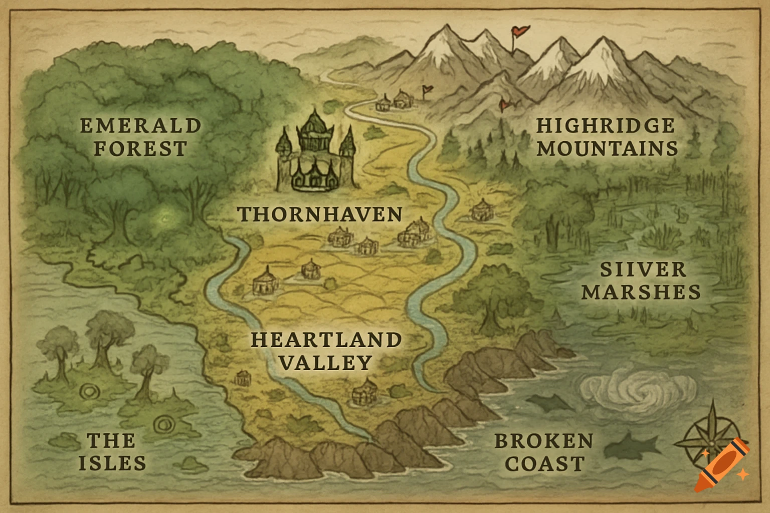A hand-drawn fantasy map featuring regions like Emerald Forest, Thornhaven castle, Highridge ...