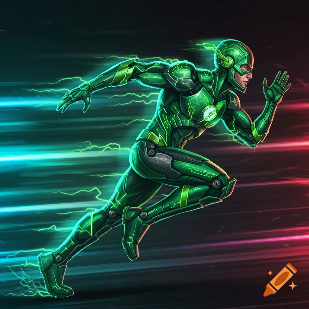 A green techno speedster, resembling The Flash character Savitar, runs ...