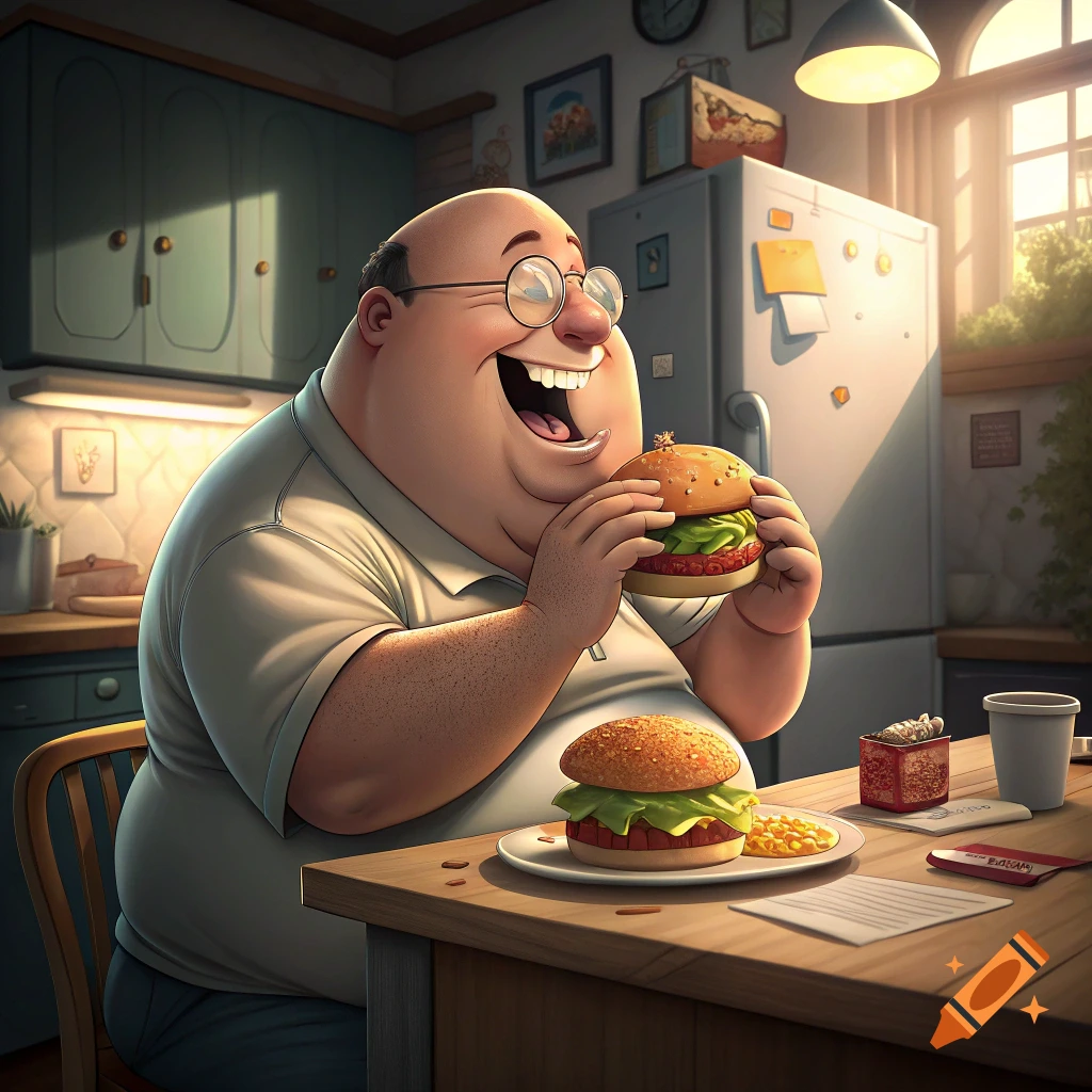 Peter Griffin from Family Guy excitedly eats a burger at a kitchen ...