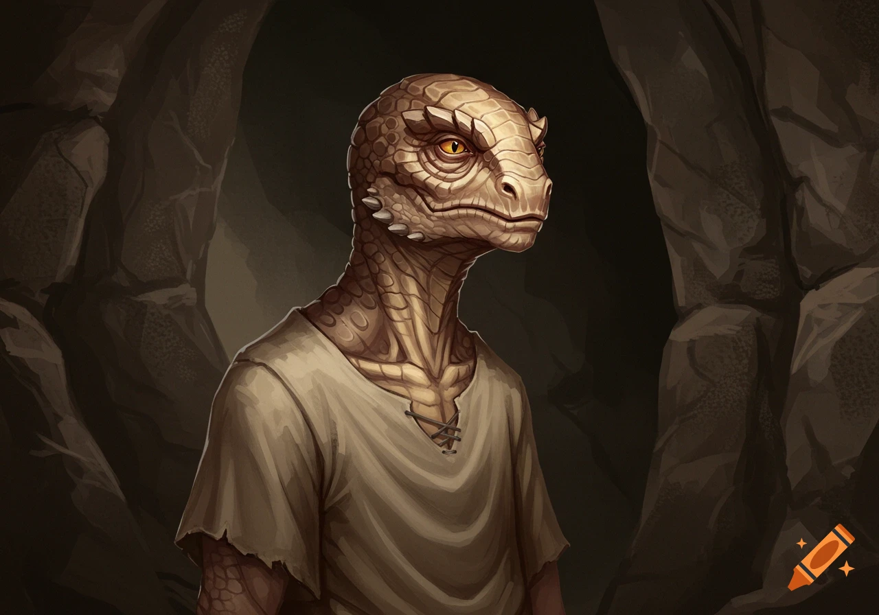 A scaly, reptilian humanoid wearing a plain tunic stands in a dark cave ...