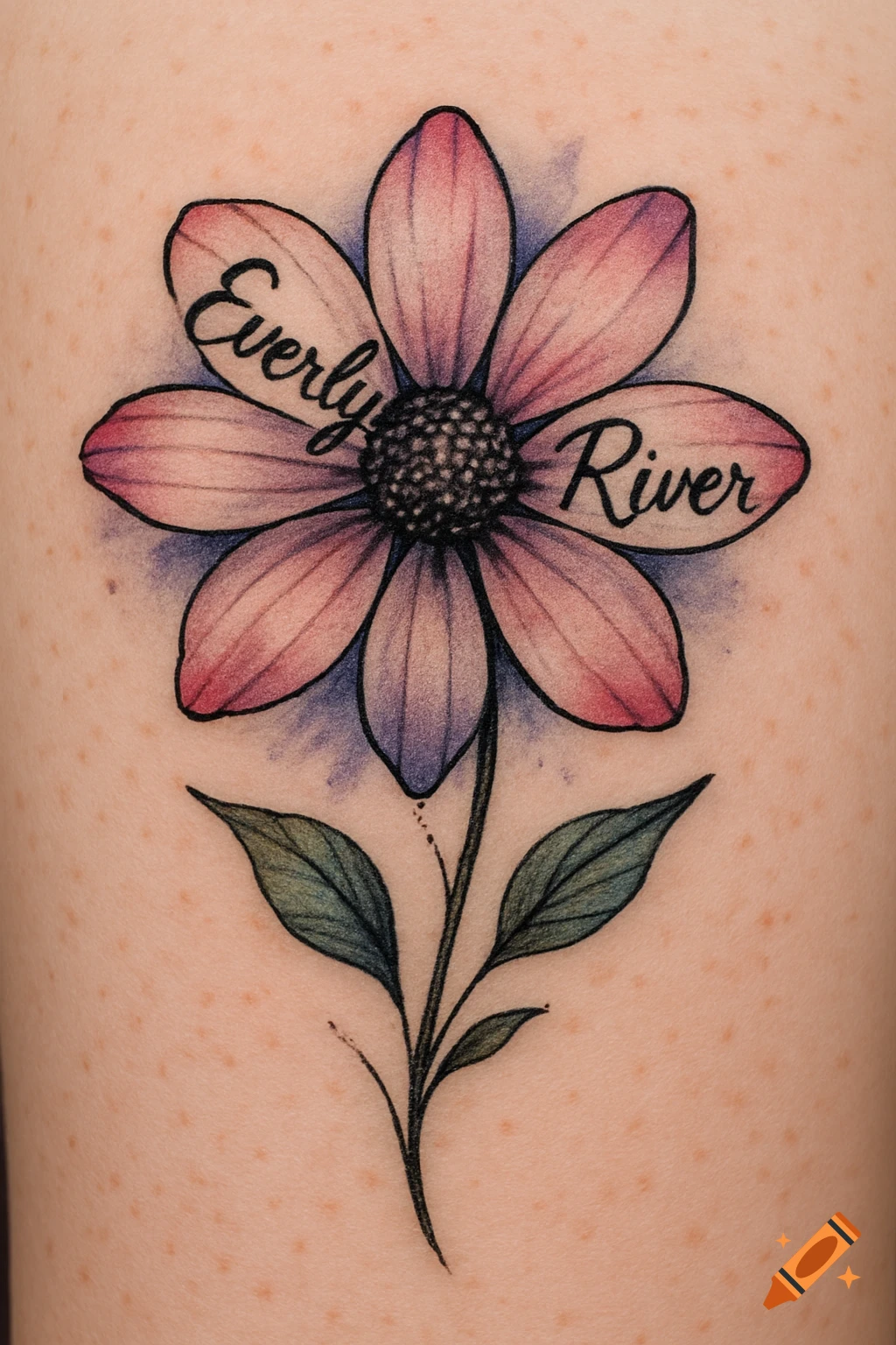 A colorful flower tattoo with the names Everly and River on its petals ...