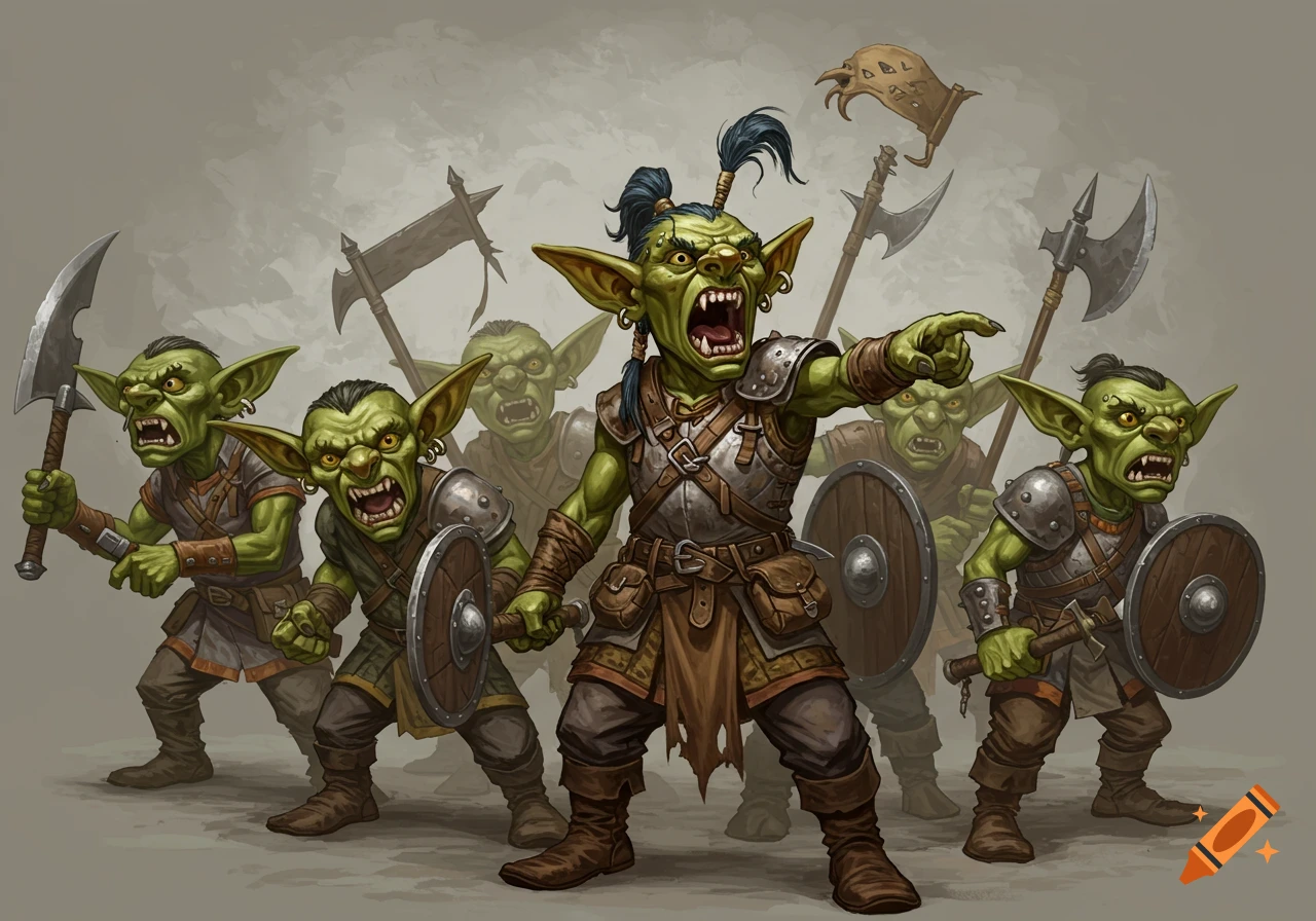 A band of aggressive green goblins in armor, with one pointing and ...