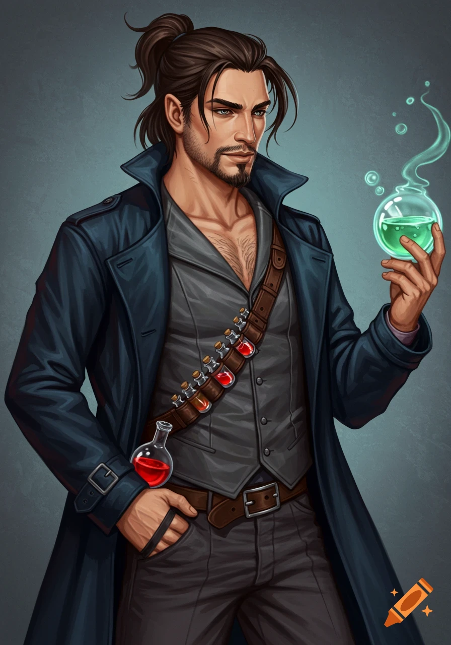 A fantasy illustration of a male alchemist with a man bun, goatee, dark ...