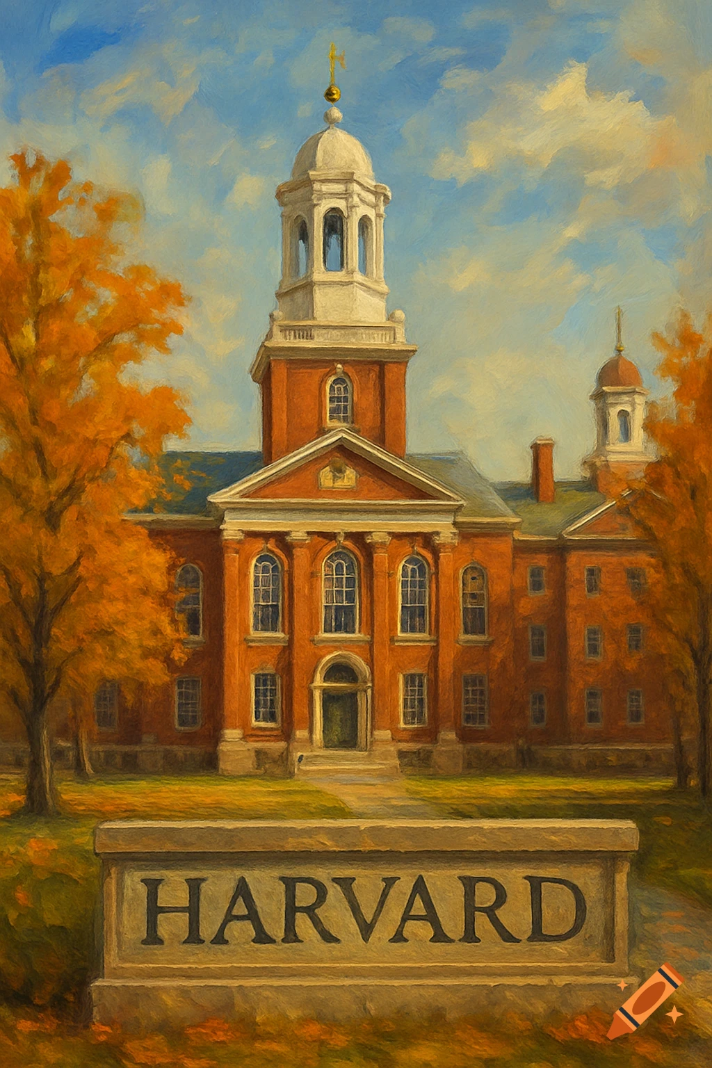 Painting of Harvard University's historic brick building and bell tower ...