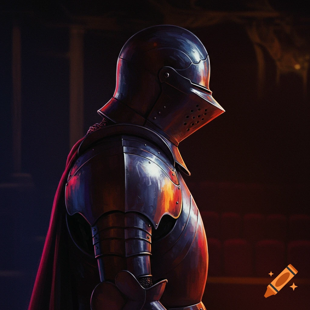 Side profile of a knight in dark, polished armor illuminated by warm ...