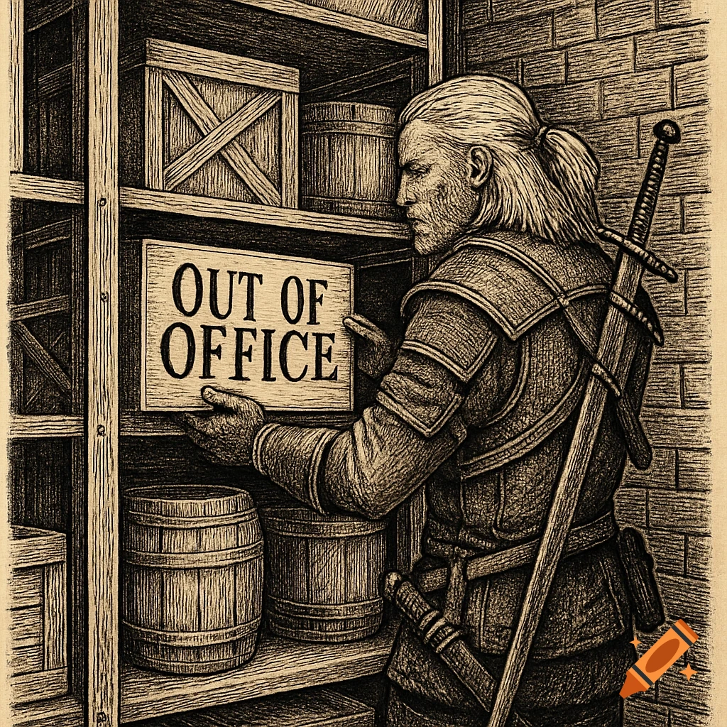 An engraving illustration of a Witcher-like character placing an 'OUT ...