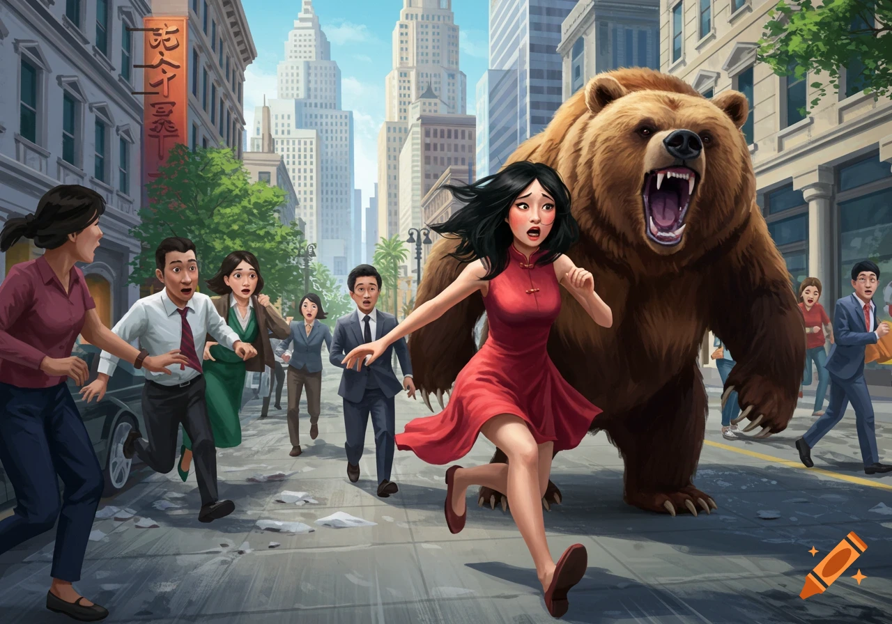 An illustrated scene of a woman and several people running in panic ...