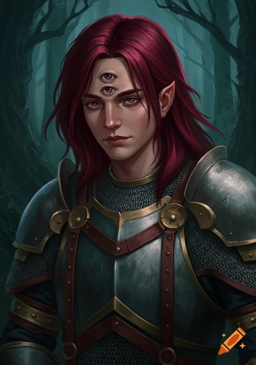A digital painting of a young male elf with dark red hair, pointed ears ...