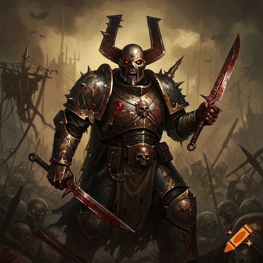 A grimdark armored warrior with a skull face and horned helmet holds ...