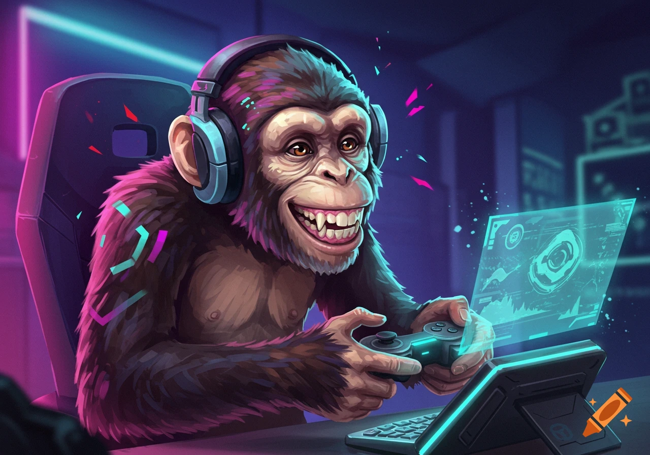 A smiling chimpanzee wearing headphones plays a video game with a ...