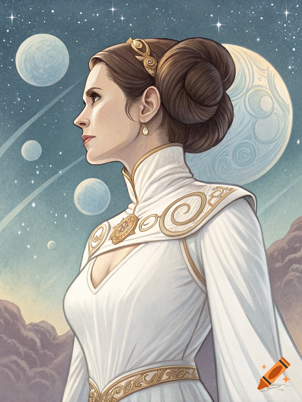 Princess Leia in profile wearing a white ceremonial gown with gold ...