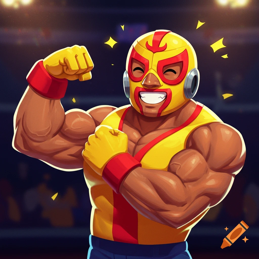 A cartoon wrestler in a yellow and red mask and outfit flexes his ...