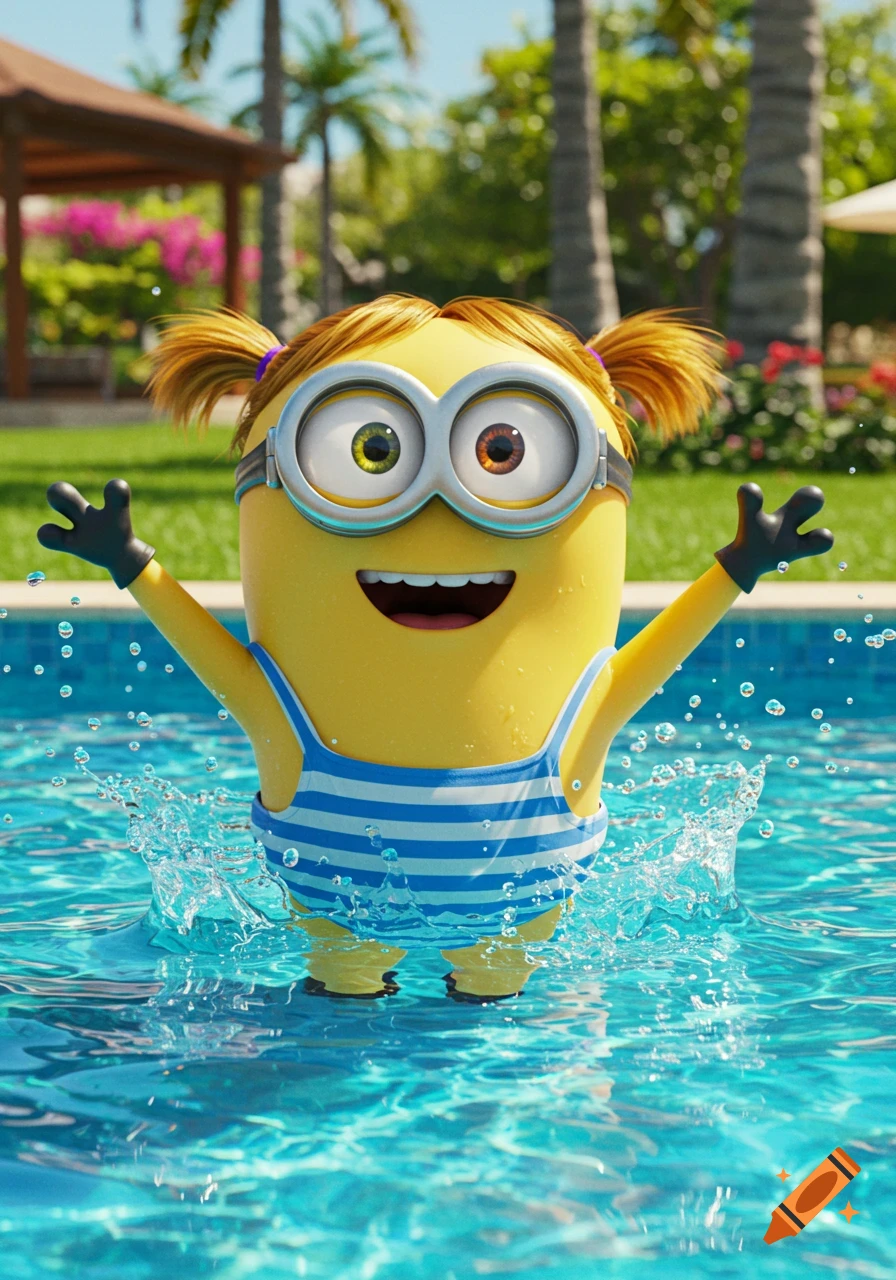 A happy girl Minion with pigtails and a striped swimsuit splashes in a ...