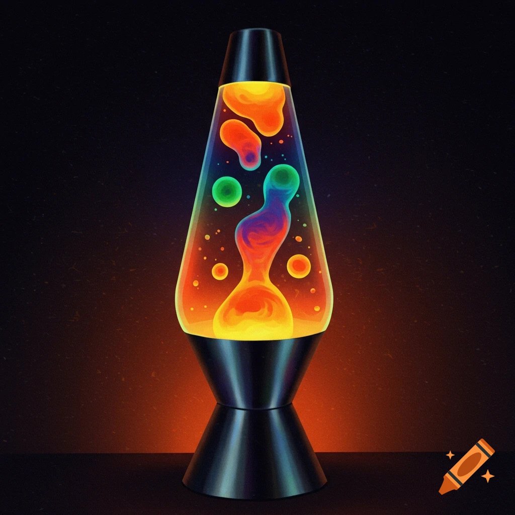 A colorful lava lamp with vibrant, glowing wax blobs flowing inside ...